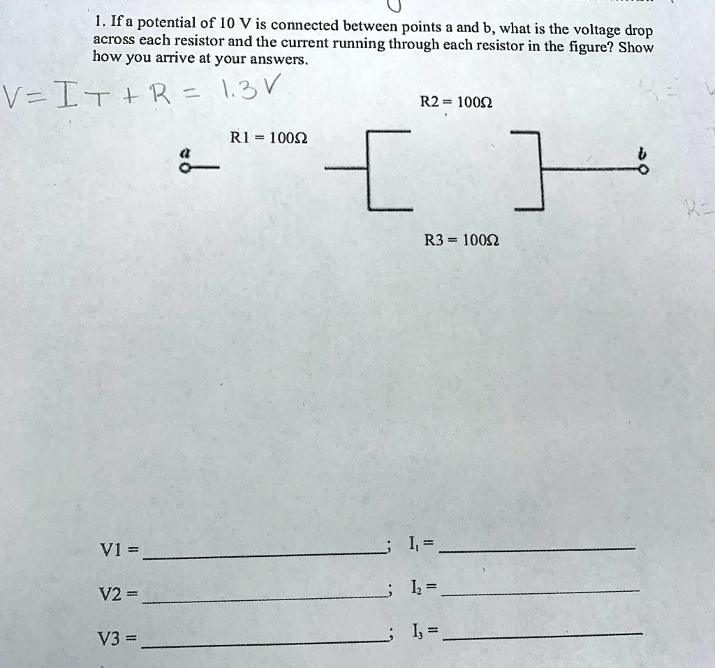 1. If a potential of 10 V is connected between points a and b, what is the voltage drop across ...
