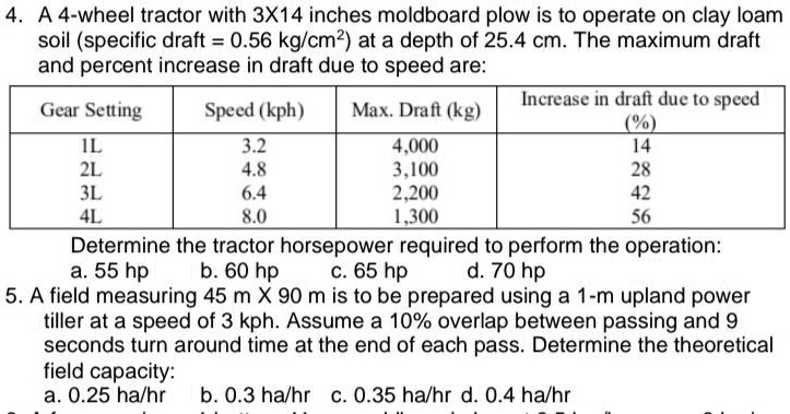 A 4-wheel tractor with a 3X14 inches moldboard plow is to operate on ...