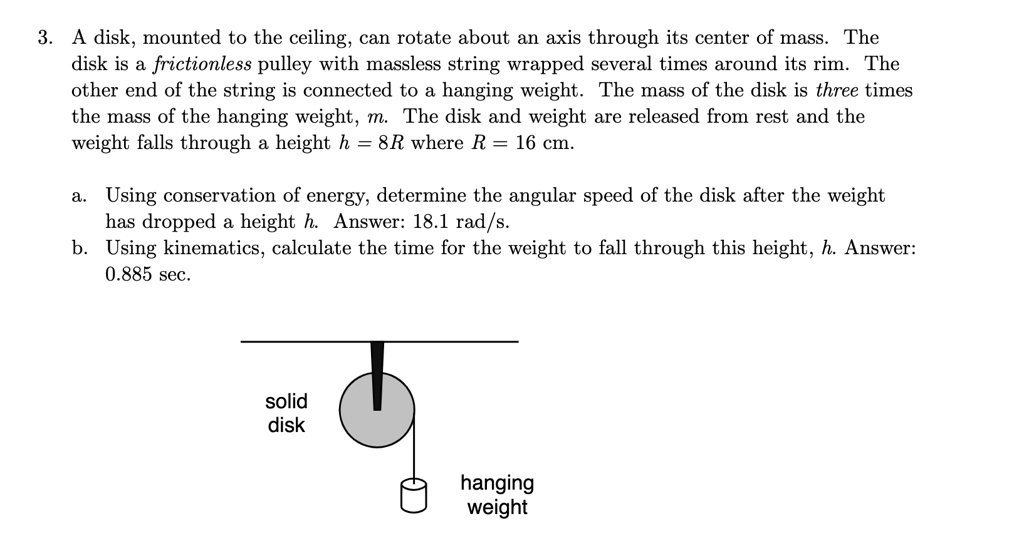 SOLVED: 3. A disk, mounted to the ceiling, can rotate about an axis through its center of mass ...