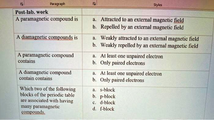 SOLVED: Styles Post-lab work paramagnetic compound is Attracted to an ...