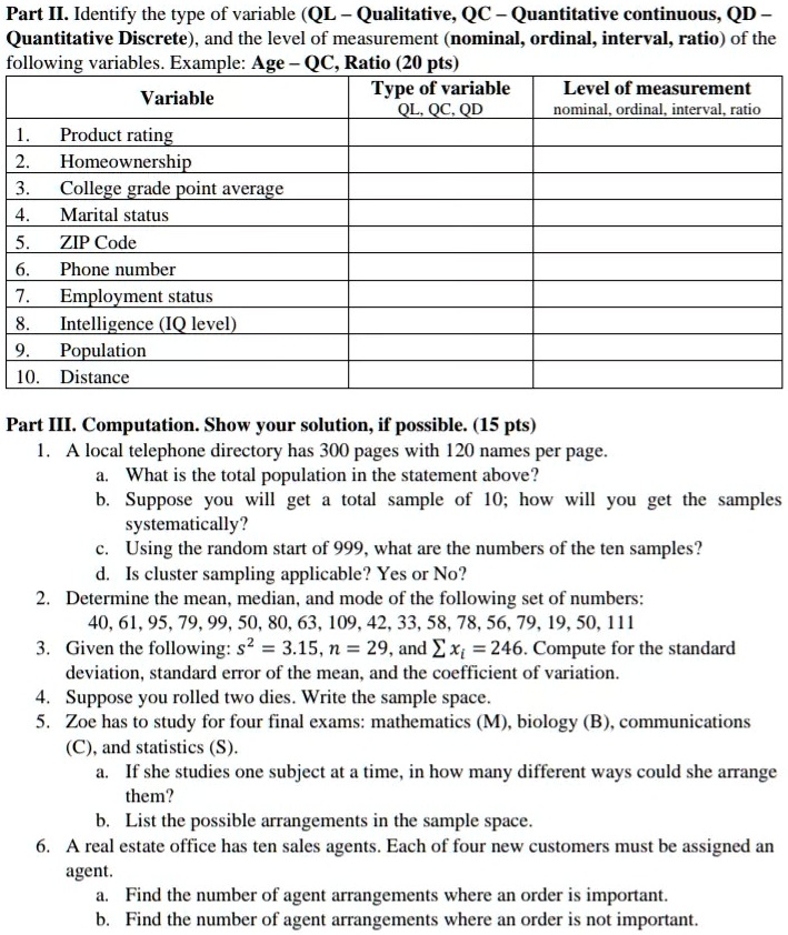 part ii identify the type of variable ql qualitative qc quantitative ...