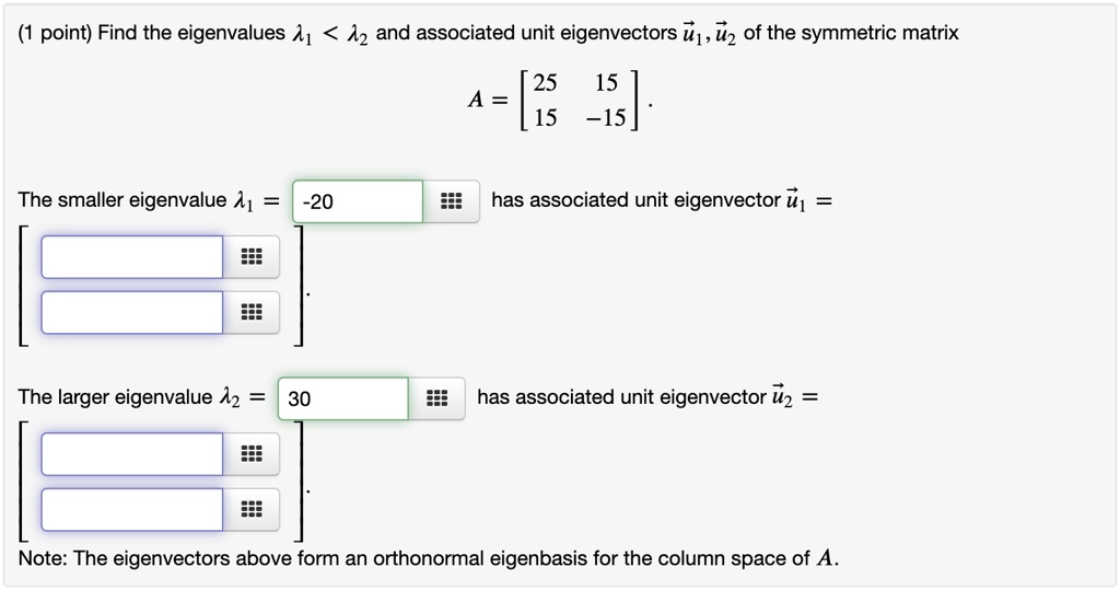 SOLVED: point) Find the eigenvalues 1] 12 and associated unit eigenvectors U] , Uz of the ...