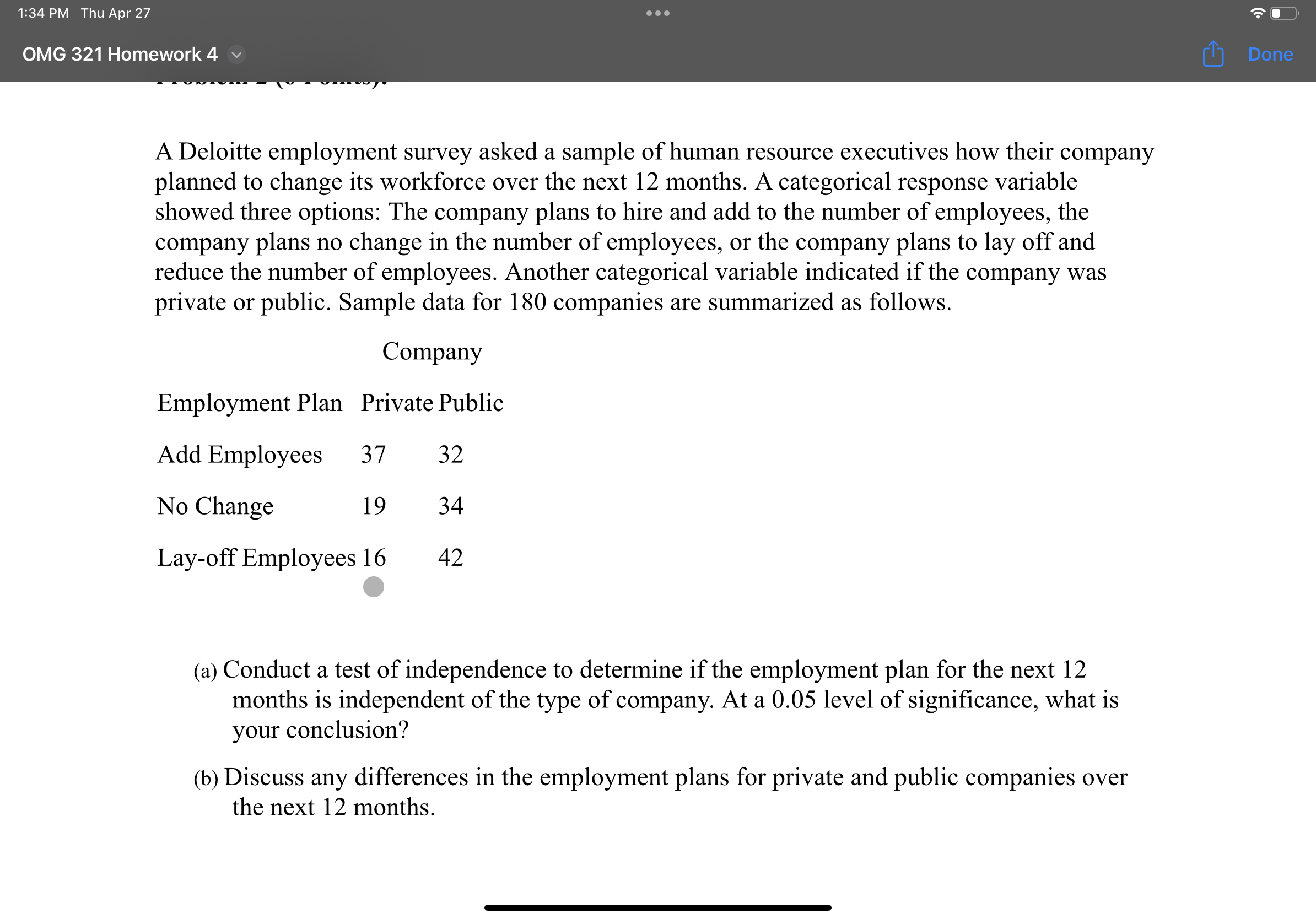 SOLVED: 1:34 PM Thu Apr 27 OMG 321 Homework 4 A Deloitte employment ... SOLVED: 1:34 PM Thu Apr 27 OMG 321 Homework 4 A Deloitte employment ...
