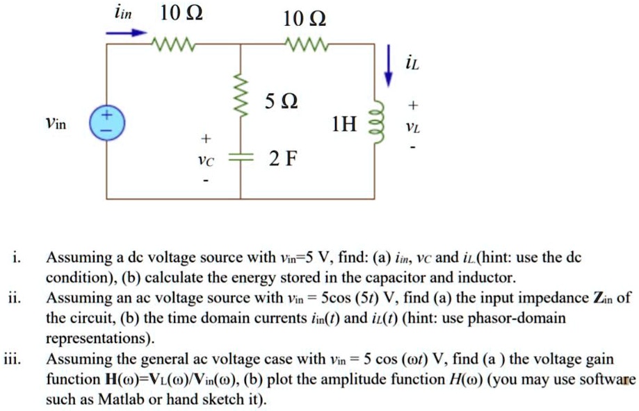 SOLVED: iin 100 100 W W iL 50 + Vin 1H VL + 2F VC i. Assuming a DC voltage source with Vin=5 V ...