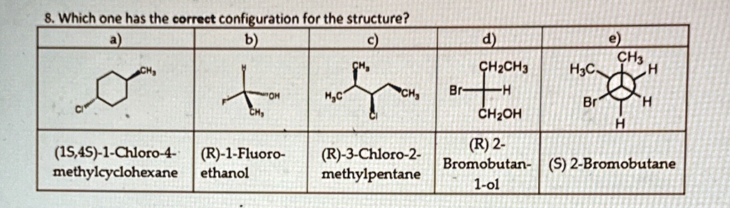 8. Which one has the correct configuration for the structure? a) b) c) d) e) CH3 CH3 CH2CH3 H3C ...