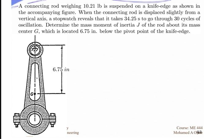 SOLVED: Texts: A connecting rod weighing 10.21 lb is suspended on a ...