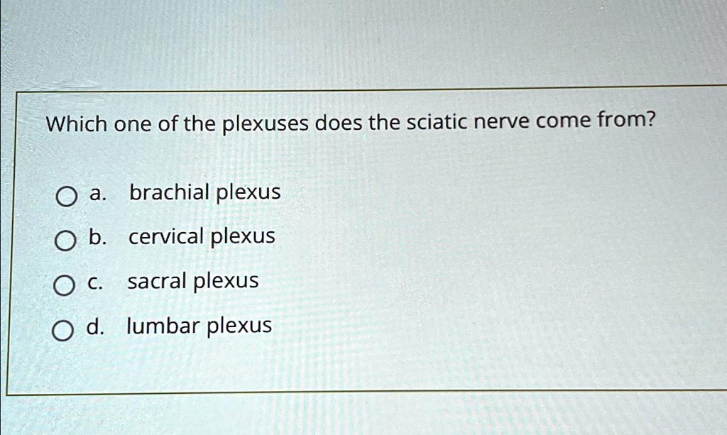 Which one of the plexuses does the sciatic nerve come from? a. brachial ...