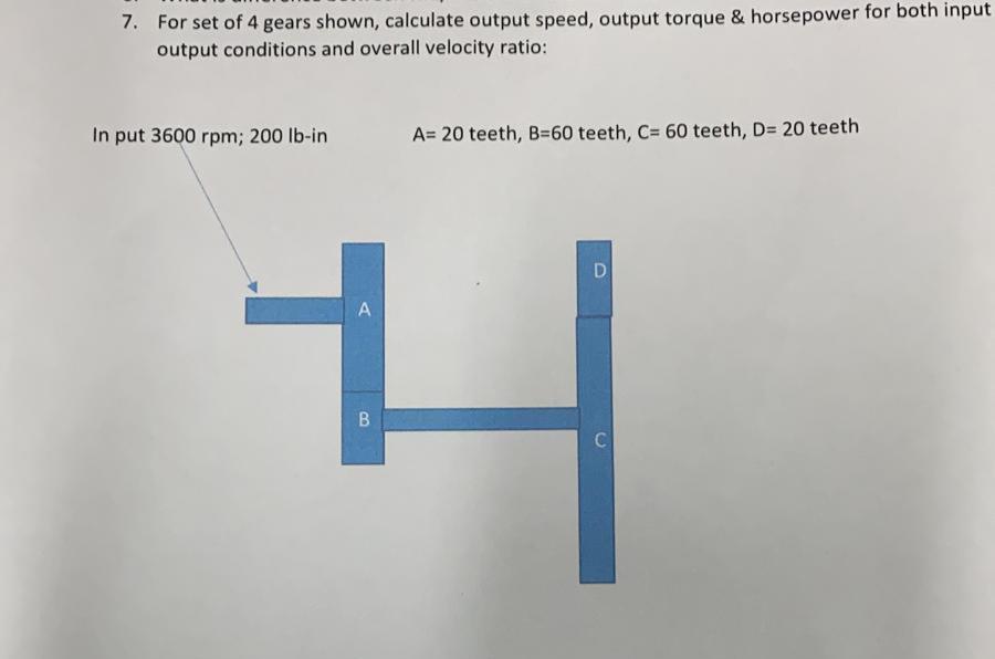 SOLVED: 7. For set of 4 gears shown, calculate output speed, output ... SOLVED: 7. For set of 4 gears shown, calculate output speed, output ...