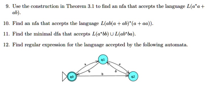 9. Use the construction in Theorem 3.1 to find an nfa that accepts the language L(a^*a + ab). 10 ...