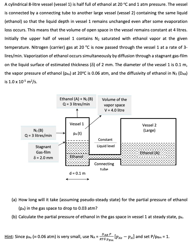 SOLVED: A cylindrical 8-litre vessel (vessel 1) is half full of ethanol at 20Â°C and 1 atm ...