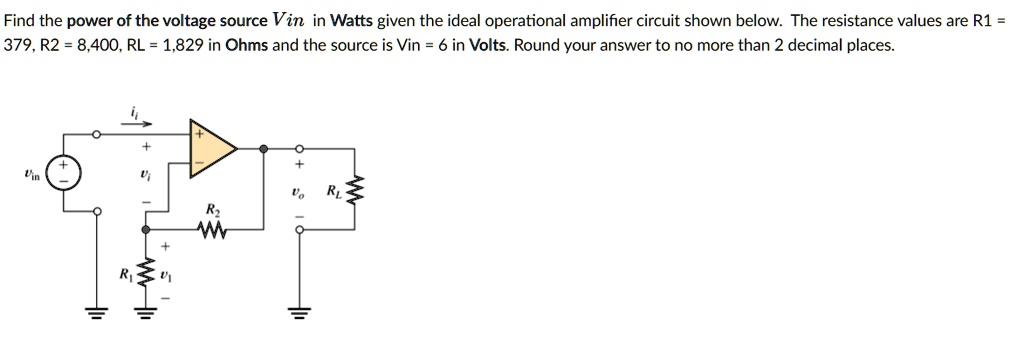 Find the power of the voltage source Vin in Watts given the ideal operational amplifier circuit ...