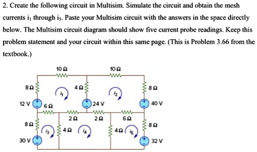 2. Create the following circuit in Multisim. Simulate the circuit and obtain the mesh currents ...
