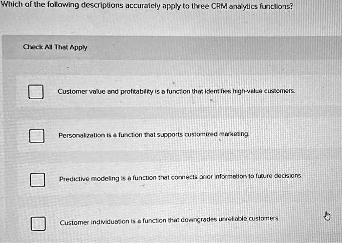 SOLVED: Which of the following descriptions accurately apply to three CRM analytics functions ...