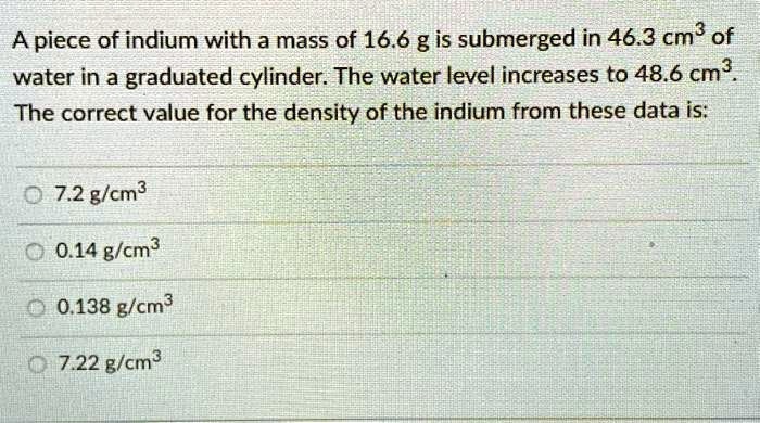 SOLVED: A piece of indium with a mass of 16.6 g is submerged in 46.3 ...