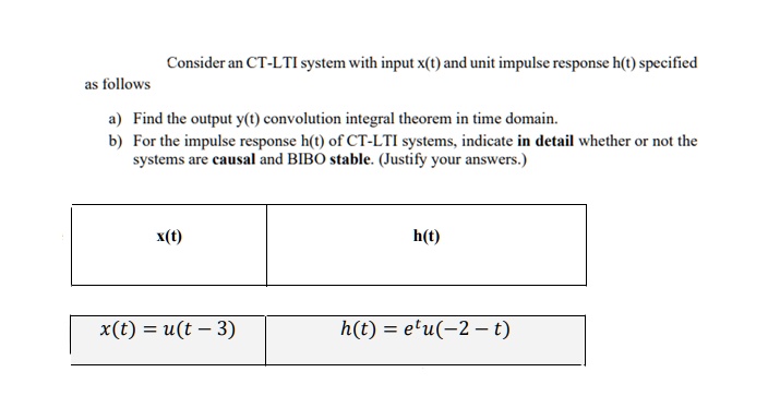 Consider a CT-LTI system with input x(t) and unit impulse response h(t) specified as follows: a ...