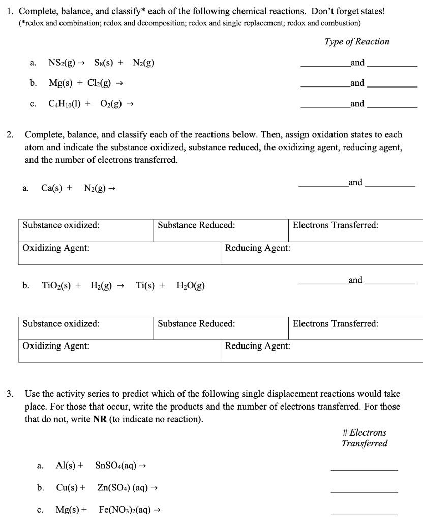 SOLVED: Complete, balance, and classify* each of the following chemical ...