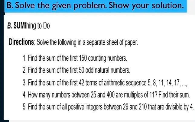 SOLVED: B. Solve the given problem: Show your solution. B, Something to Do Directions: Solve the ...