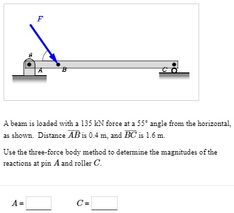a beam is loaded with a 135 kn force at a 55 angle from the horizontal ...