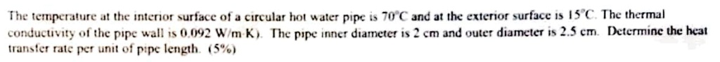 the temperature at the interior surface of a circular hot water pipe is ...