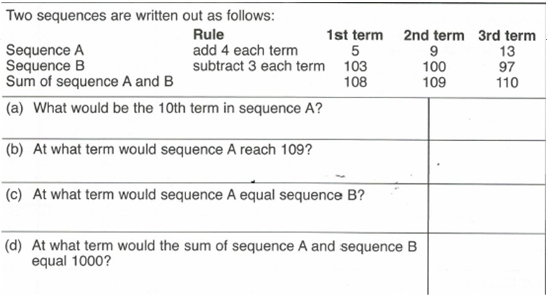 Two sequences are written out as follows: Sequence A Sequence B Sum of sequence A and B Rule add ...