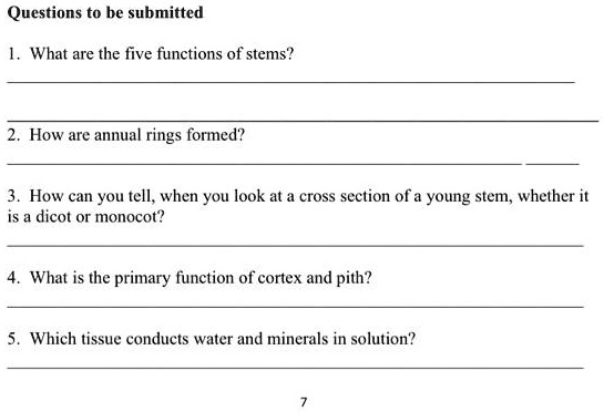 Questions to be submitted 1. What are the five functions of stems? 2 ...