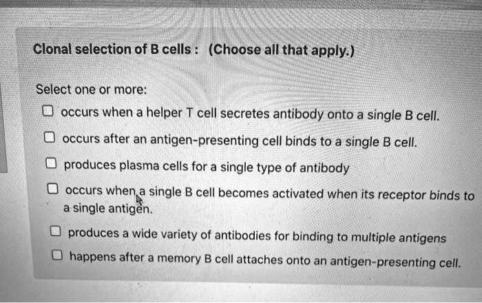 clonal selection of b cells choose all that apply select one or more ...