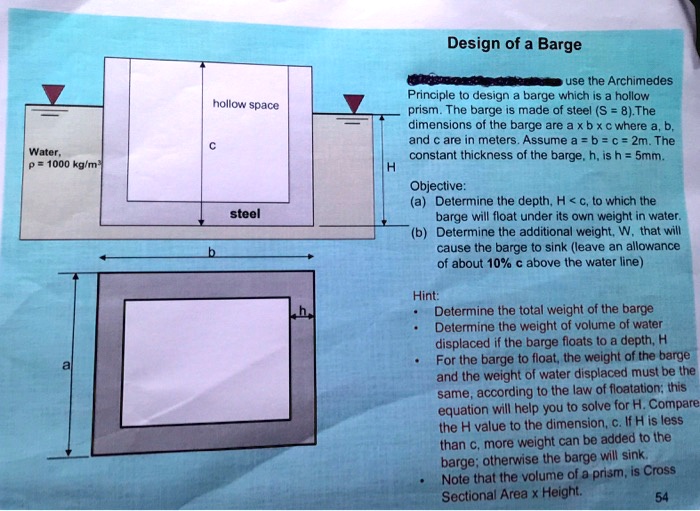 SOLVED: Design of a Barge Using the Archimedes Principle to design a ...