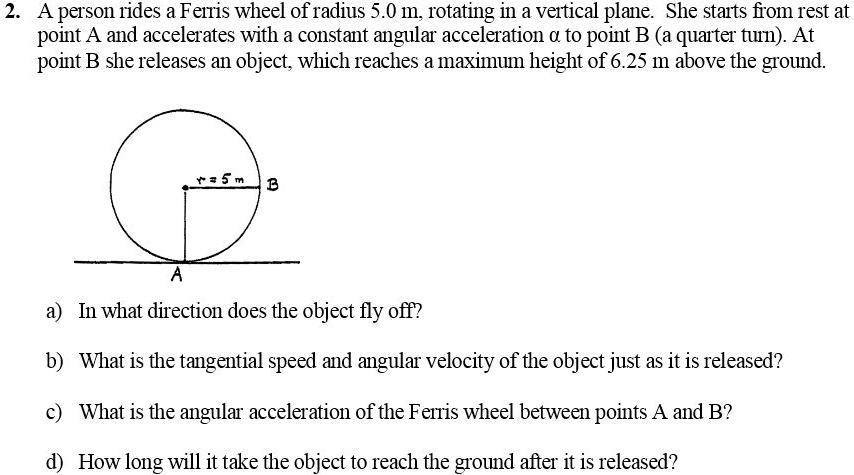 SOLVED: 'A person rides a Fetris wheel of radius 5.0 m, rotating in a vertical plane. She starts ...