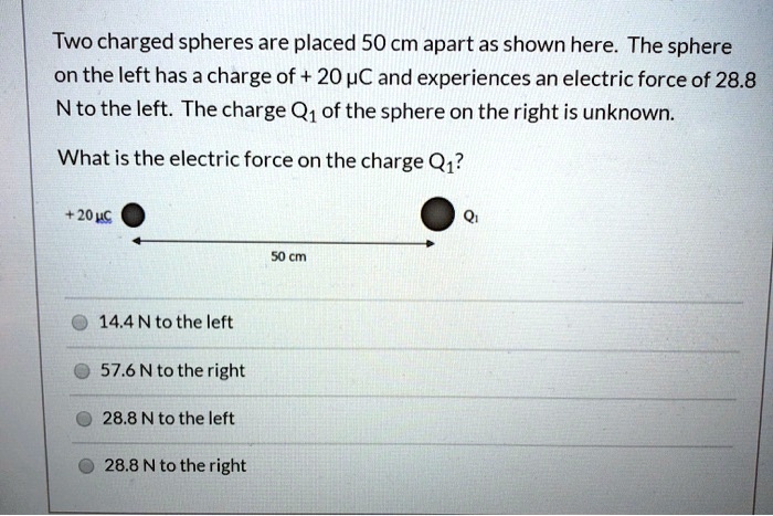SOLVED: Two charged spheres are placed 50 cm apart as shown here. The sphere on the left has a ...