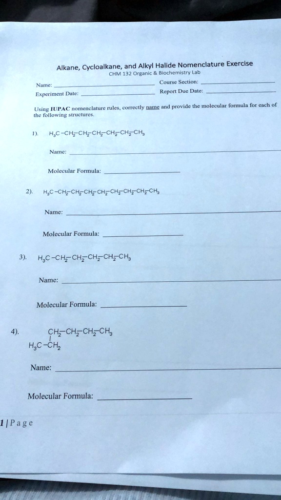 alkane cycloalkane and alkyl halide nomenclature exercise chm 132 organic biochemistry lab name ...