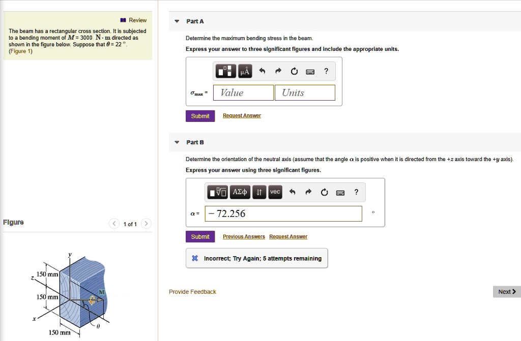 SOLVED: Review Part A The beam has a rectangular cross section. It is subjected to a bending ...