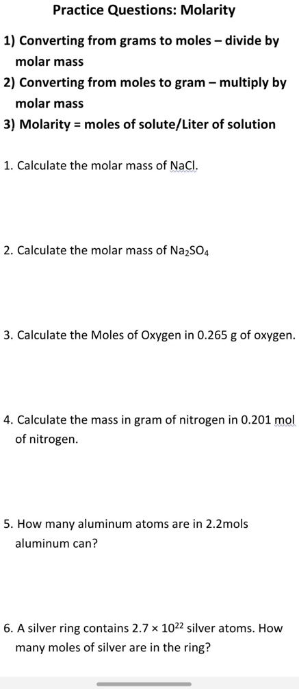 practice questions molarity 1 converting from grams to moles divide by ...