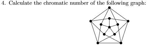SOLVED: 4. Calculate the chromatic number of the following graph: SOLVED: 4. Calculate the chromatic number of the following graph: