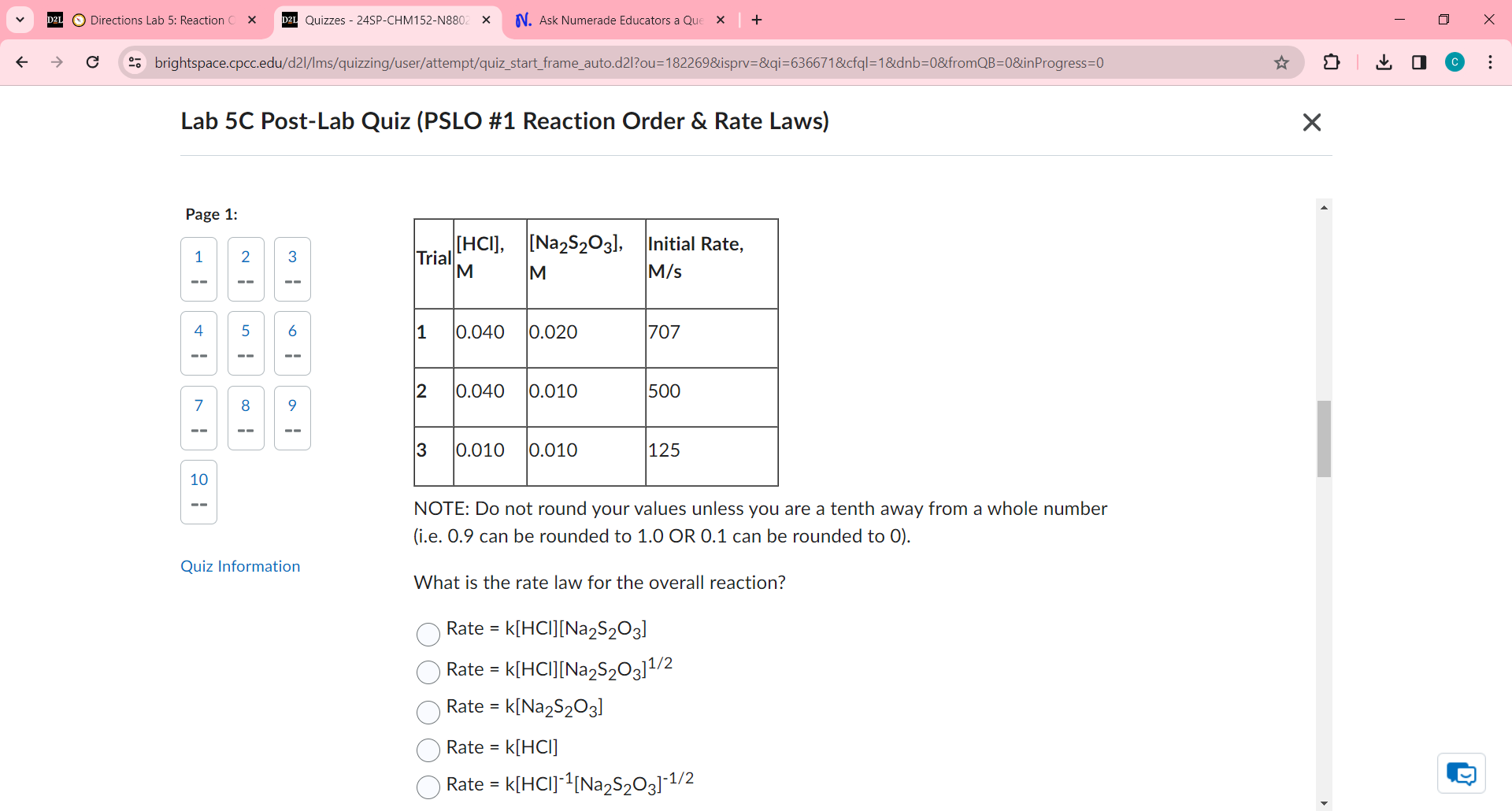 Lab 5C Post-Lab Quiz (PSLO #1 Reaction Order & Rate Laws) Page 1: 3|c| ave [b]2* Trial [b]2 ...