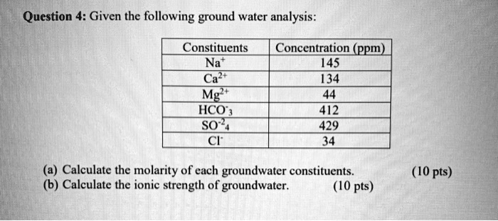 SOLVED: Question 4: Given the following- ground water analysis ... SOLVED: Question 4: Given the following- ground water analysis ...