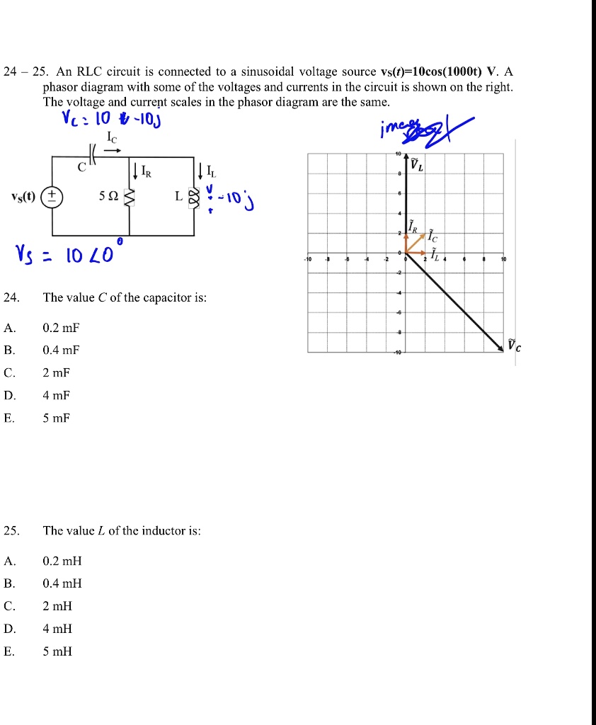 SOLVED: 24 - 25. An RLC circuit is connected to a sinusoidal voltage source vs(f) = 10cos(1000t ...