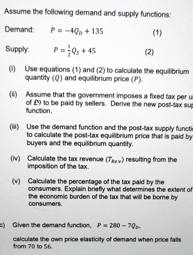 SOLVED: Assume the following demand and supply functions: Demand: P ...