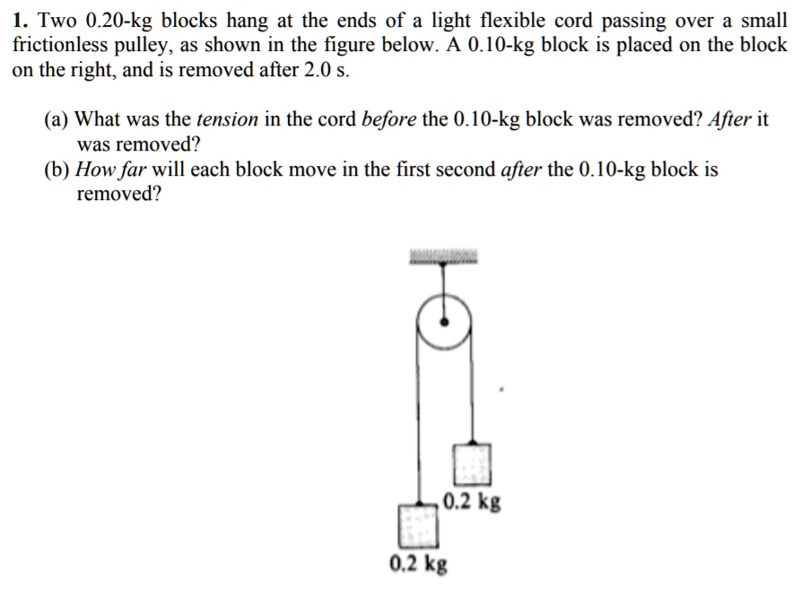 1. Two 0.20-kg blocks hang at the ends of a light flexible cord passing over a small ...