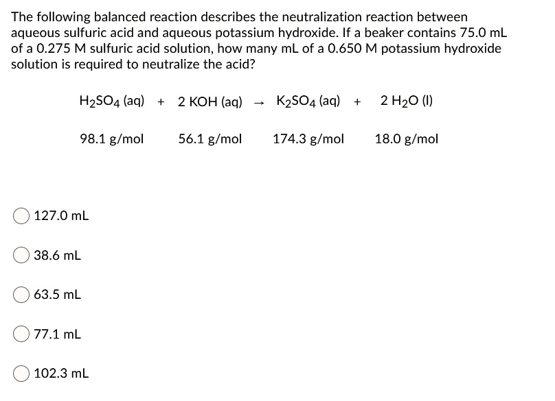 SOLVED: The following balanced reaction describes the neutralization reaction between aqueous ...
