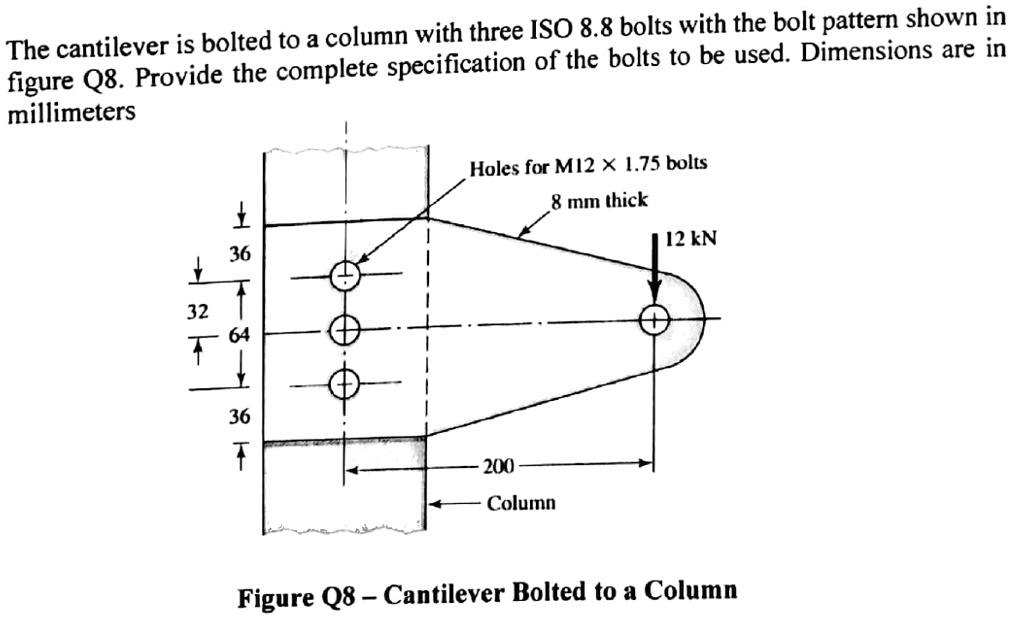SOLVED: The cantilever is bolted to a column with three ISO 8.8 bolts ...