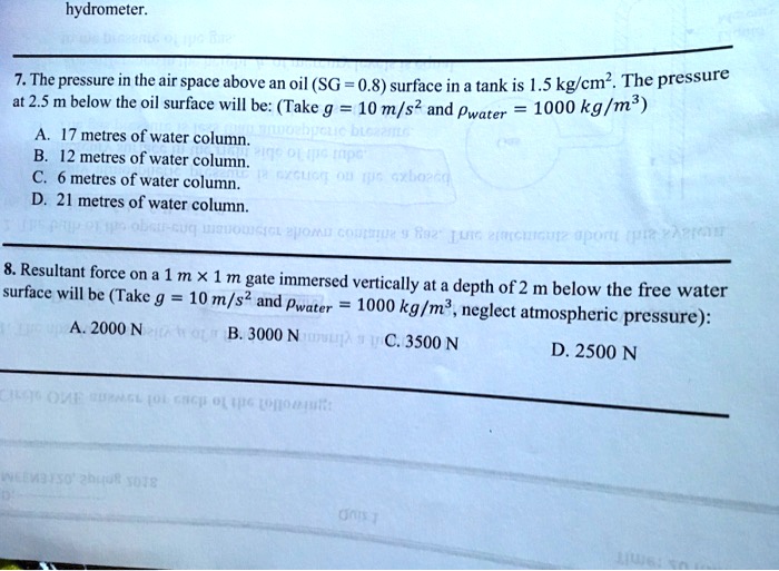 SOLVED: Help on #7 and #8: Hydrometer. A. 17 meters of water column B ...