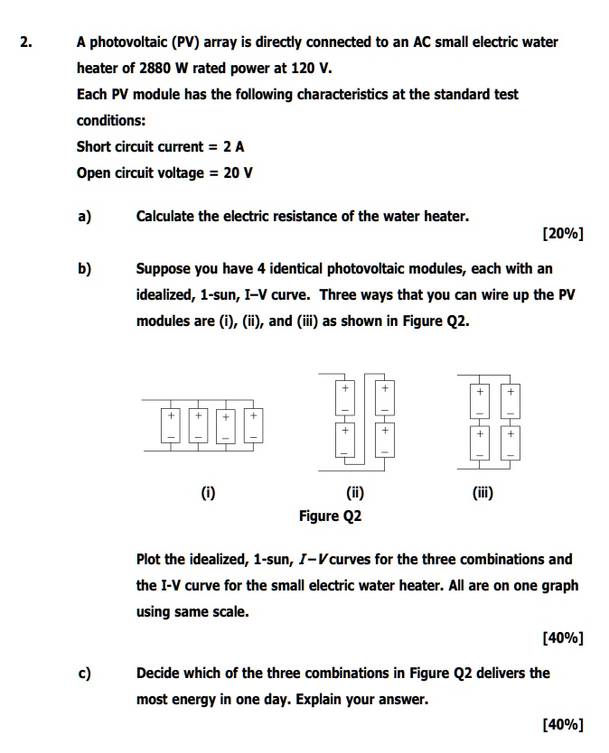 SOLVED: A photovoltaic (PV) array is directly connected to an AC small electric water heater of ...