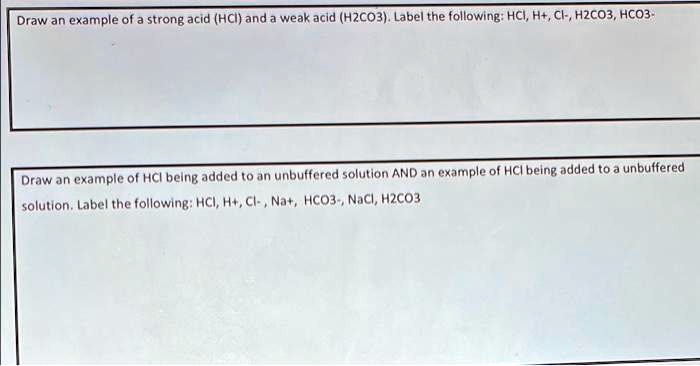Draw an example of a strong acid (HCI) and a weak acid (H2CO3). Label ...