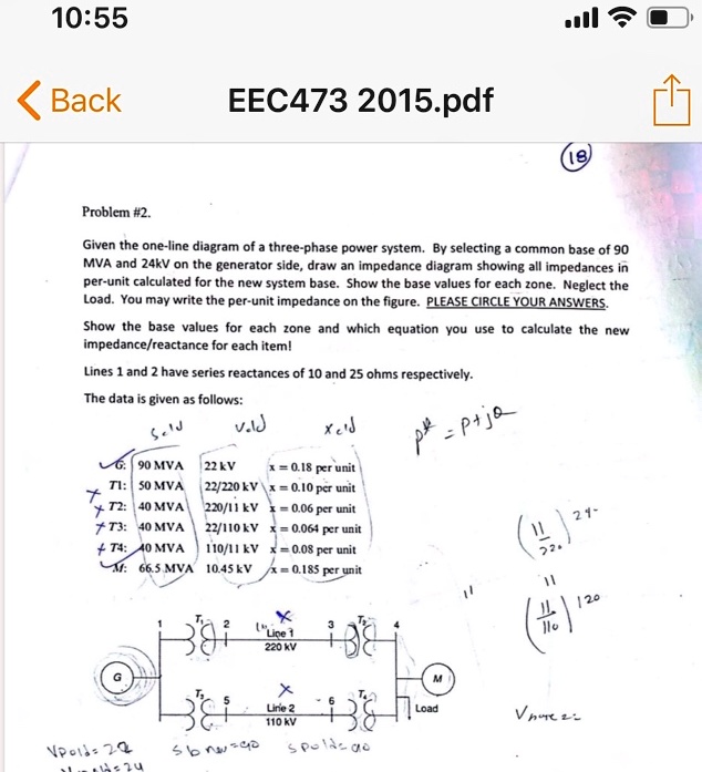 SOLVED: 10:55 Back EEC473 2015.pdf Problem #2 Given the one-line ...