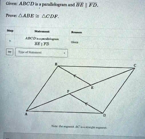 Given: ABCD is a parallelogram and BE || FD. Prove: ABE ≅ CDF.