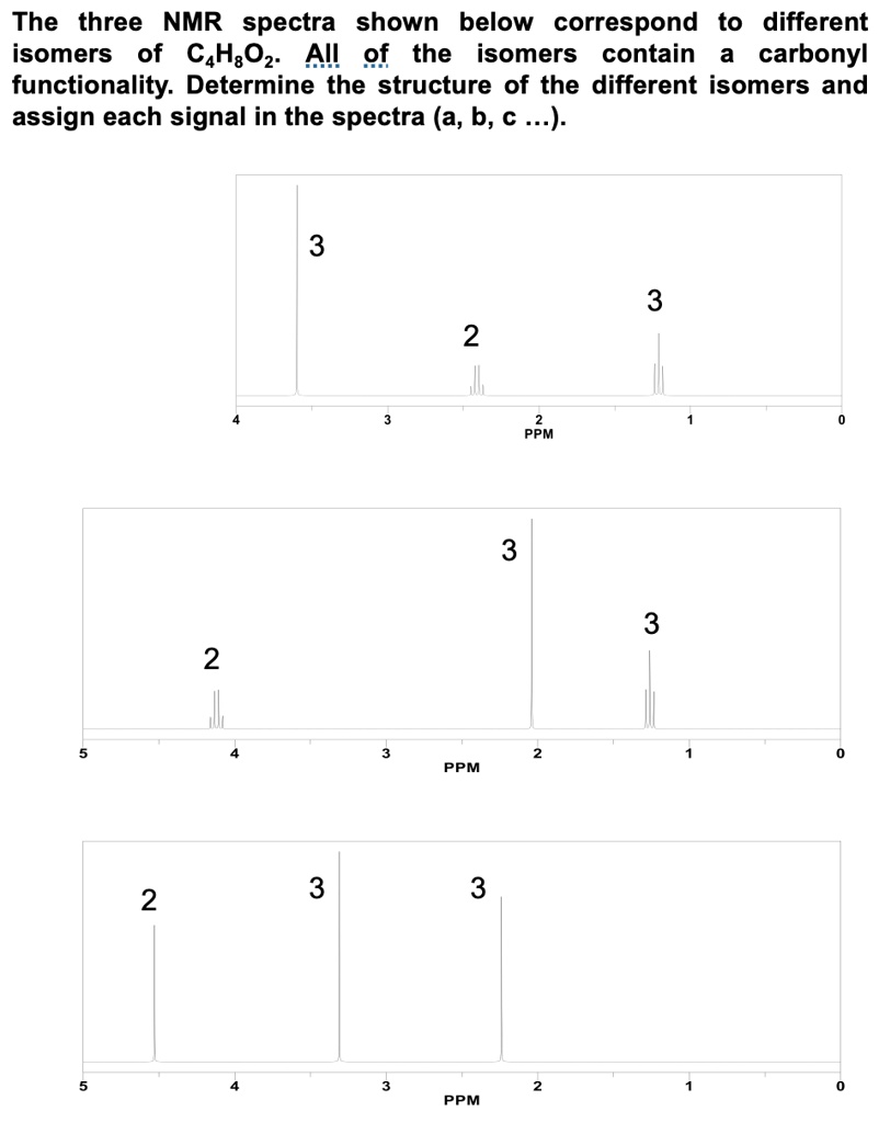 The three NMR spectra shown below correspond to different isomers of ...