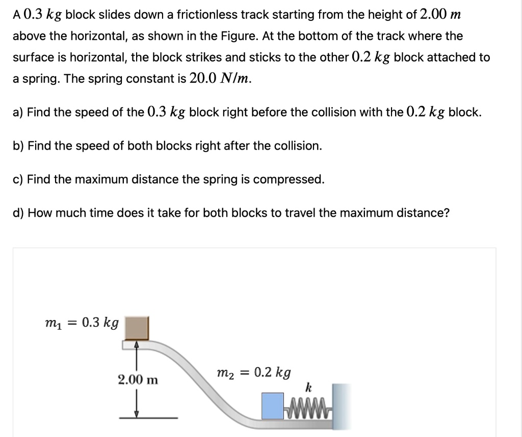 A 0.3 kg block slides down a frictionless track starting from the height of 2.00 m above the ...