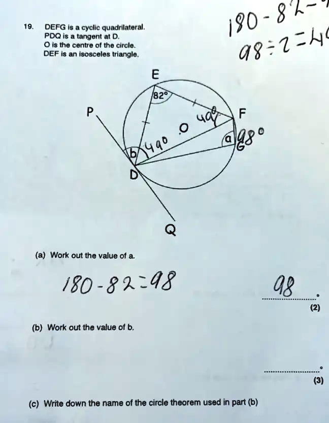 SOLVED: 19. DEFG is a cyclic quadrilateral, PDQ is tangent at D. O is ...