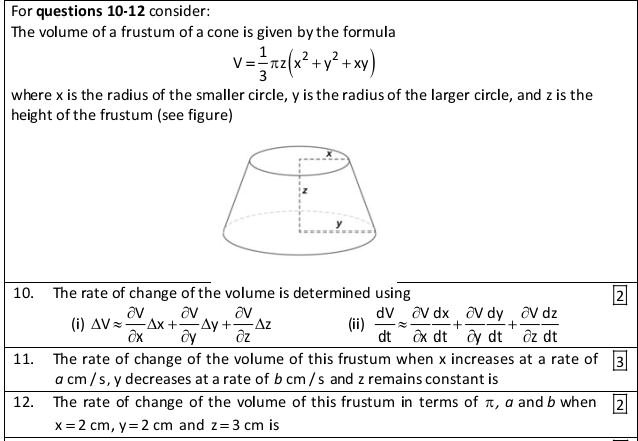 SOLVED: For questions 10-12, consider: The volume of a frustum of a ...