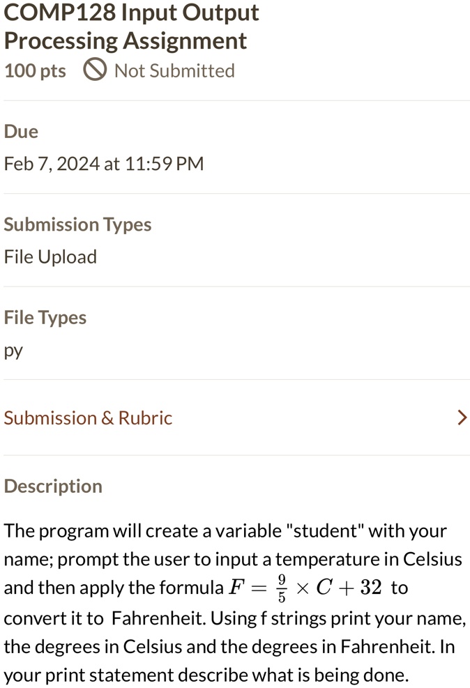 Solved Comp128 Input Output Processing Assignment 100 Pts Not Submitted Due Feb 7 2024 At 11 5813